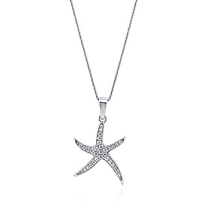 BERRICLE Sterling Silver Starfish Cubic Zirconia CZ Fashion Pendant Necklace for Women, Rhodium Plated