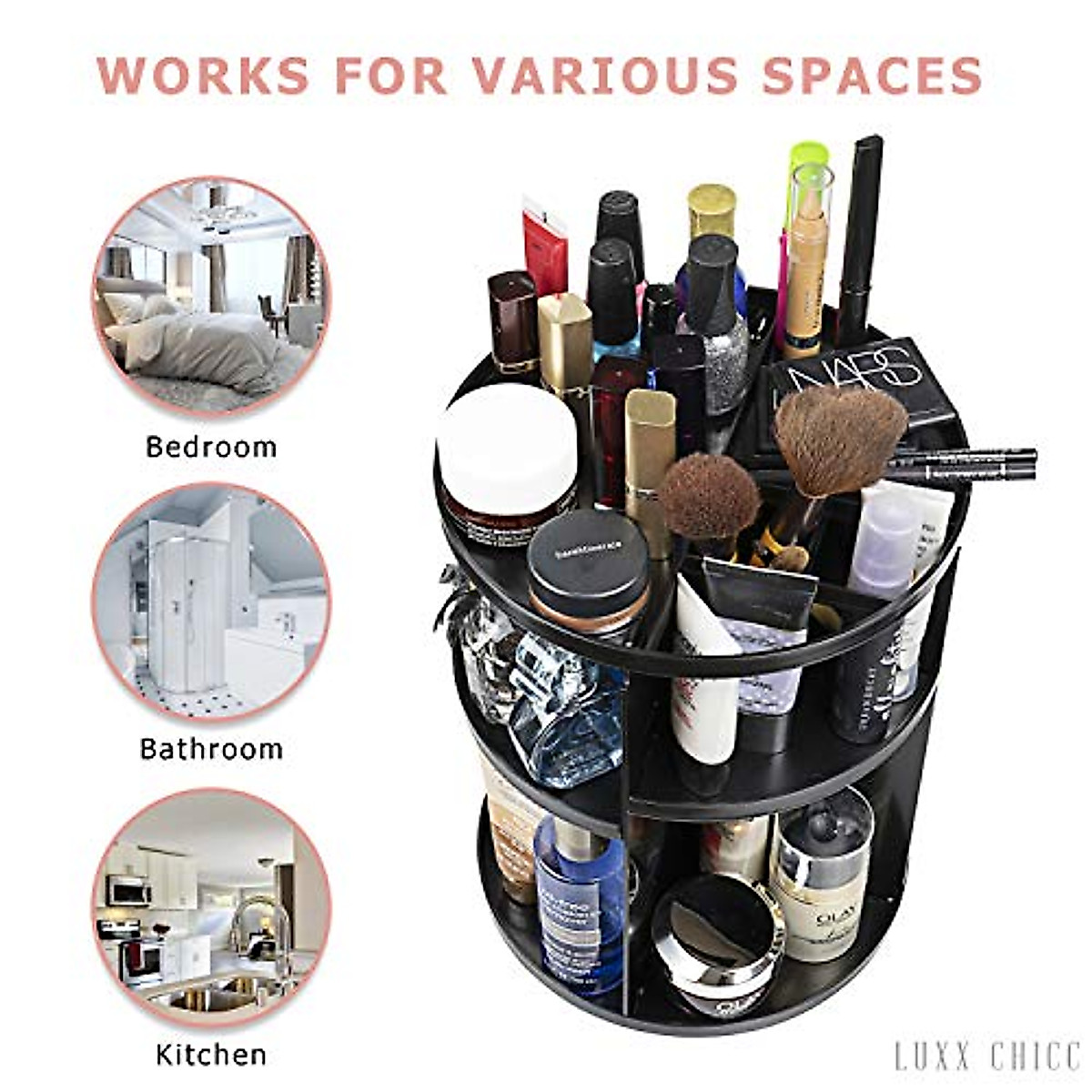 360 Rotating Makeup Organizer, DIY Adjustable Cosmetics Carousel Spinning Holder Storage Rack, Large Capacity, Eliminates Bathroom Countertop Clutter, Black, Luxx Chicc (Black)