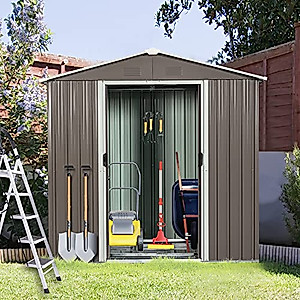 7.74ftx4.29ft Outdoor Storage Shed with Metal Foundation and Sliding Doors,Sun Protection,Waterproof Tool Storage Shed for Patio Lawn Backyard (Gray-7.74ftx4.29ft)