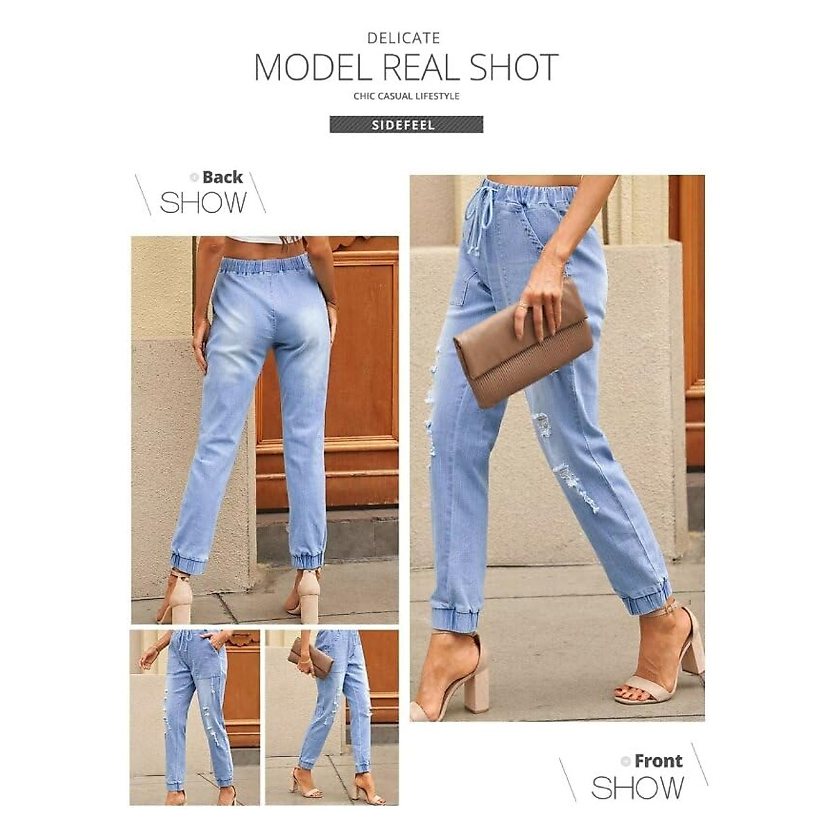 Sidefeel Women's Jeans Cargo Pants Ripped Denim Joggers Elastic Drawstring Waist Trouser Sky Blue Size 6