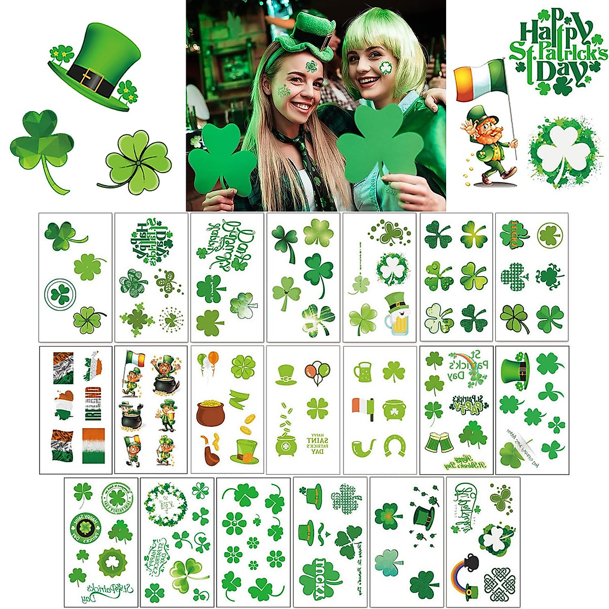 St. Patrick's Day Temporary Tattoos,Face Body Shamrock Accessories Tattoos Stickers for Saint Patrick's Day Party Favor Decoration(Style One)