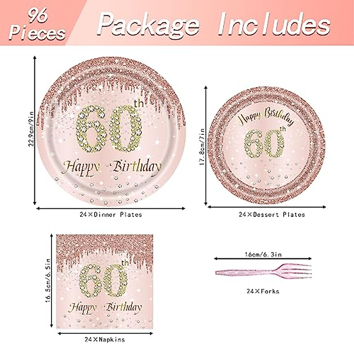 96PCS 60th Birthday Party Tableware Set 60th Birthday Party Supplies 60th Birthday Plates and Napkins 60th Birthday Party Decorations for Women Pink Rose Gold Birthday Plates Napkins Forks Serve 24