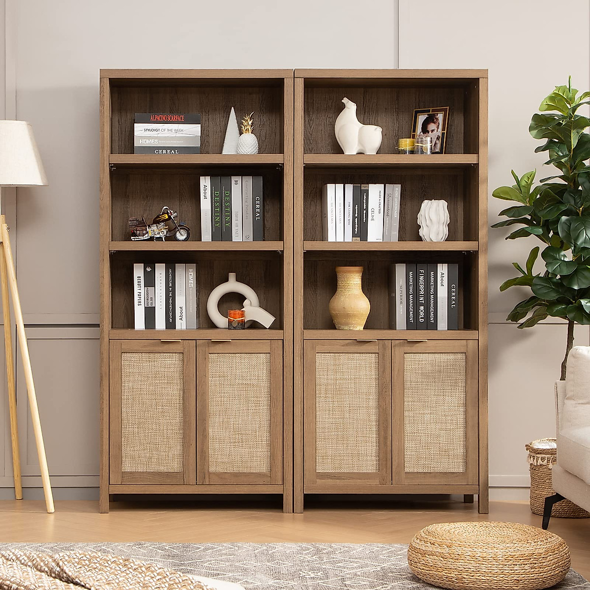 SICOTAS Bookcase 5 Tier Bookshelf Rattan Boho Tall Book Case Shelf with Doors Storage Large Wood Bookcases Farmhouse Bookshelves Library Shelves for Living Room Bedroom Home Office Kitchen (Oak 2PCS)