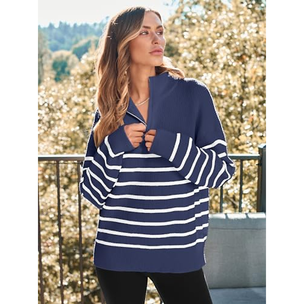 LILLUSORY Women's Quarter Zip Striped Oversized Sweater 2025 Mock Turtleneck Fall Fashion Outfit NavyBlue-White S