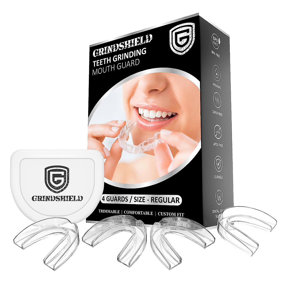 GRINDSHIELD Grinding Mouth Guard - Custom Fit, Trimmable - 4 Mouth Guards for Grinding Teeth & Case – Nightguard for Teeth Grinding, Night Guard, Dental Guard, Clenching Mouthguard