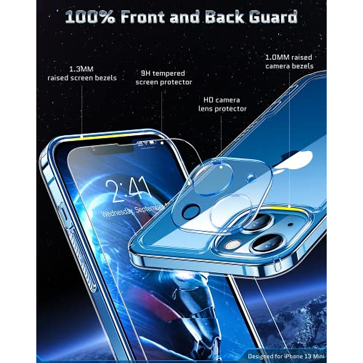 Humixx [5-in-1 Shockproof Designed for iPhone 13 Mini Case with 2 Pack Tempered Screen Protector+2 Pack Camera Lens Protector, Crystal Clear & Non-Yellowing Slim Case for iPhone 13 Mini 5.4