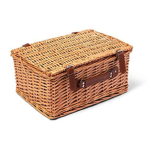 Wicker Picnic Basket Set for 4 Persons Portable Willow Hamper Large Capacity, Lightweight, Durable, and Washable Cotton Cloth Basket with Handle and Lid for Outdoor, Family, Camping (16 x 12 x 7.1in)