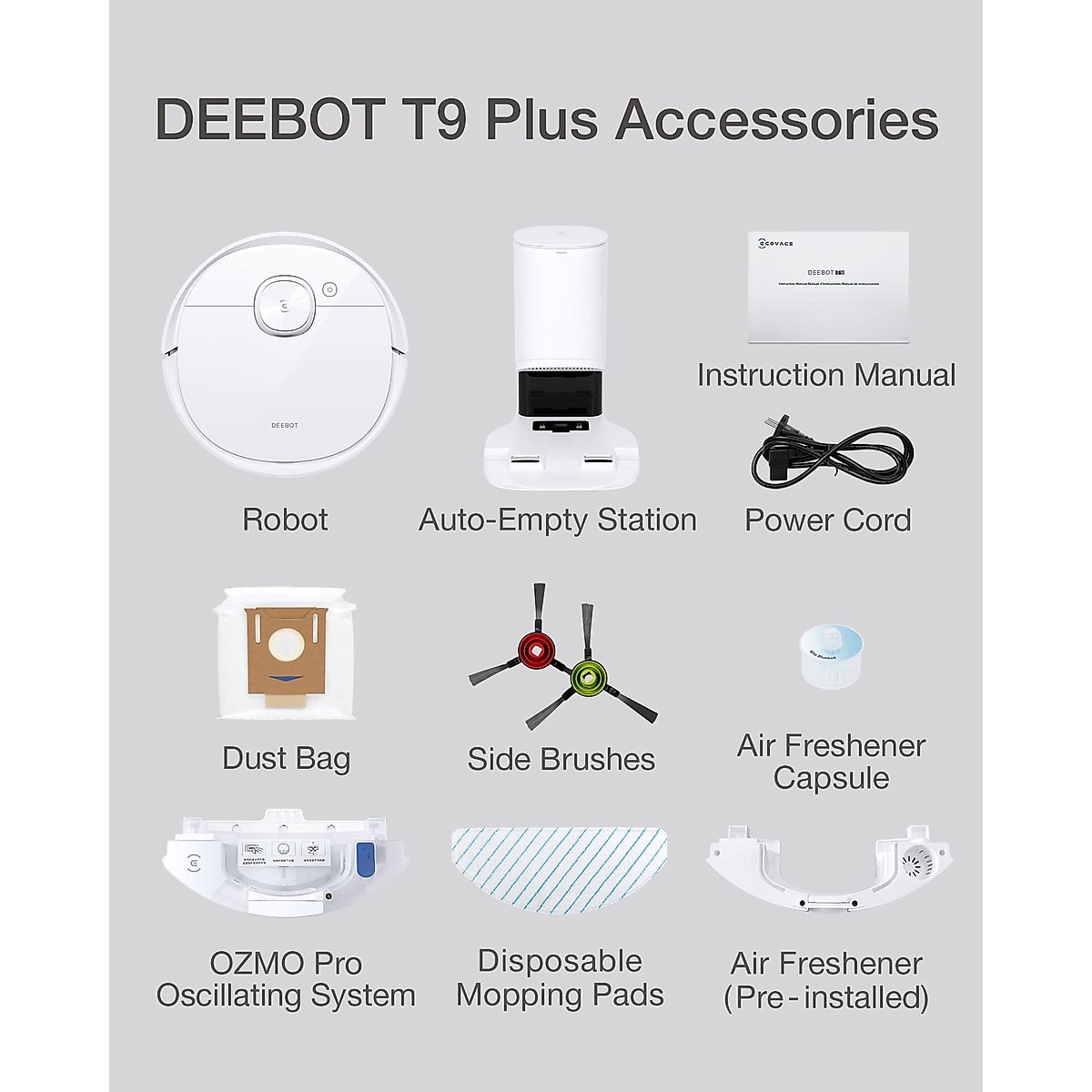 ECOVACS DEEBOT T9+ Robot Vacuum and Mop Combo with Auto-Empty Station, Precision Laser Mapping, 3D Maps, Oscillating Mopping, 3000Pa Suction, Hands-Free Cleaning for Up to 60 days, Air Freshener,White