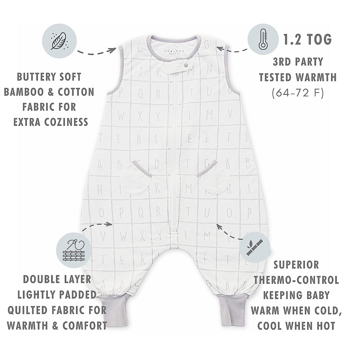 Tealbee DREAMSUIT: Toddler Sleep Sack with Feet 12-18 Months, 18-24 Months - 1.2 TOG Four Season Baby Wearable Blanket for Walkers - Bamboo, Organic Cotton Sleeping Bag (12m-2T) - Alphabet