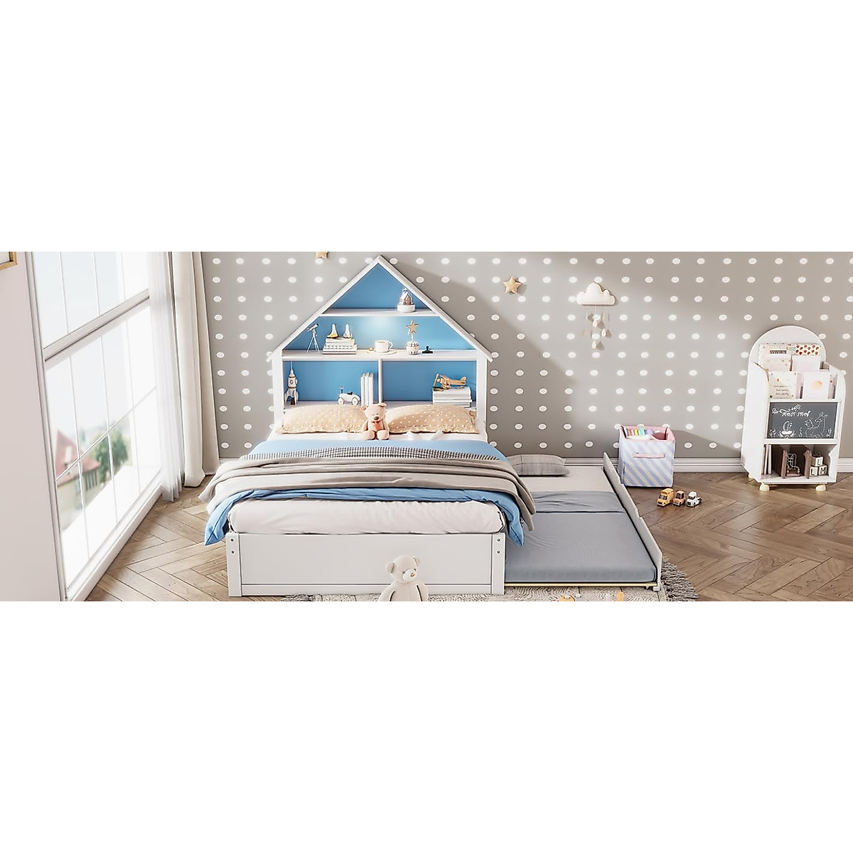 TURRIDU Full Size House-Shaped Bed with Led Light&Bookcase Headboard,Wood Platform Bed with Pull-out Trundle,No Box Spring Needed,Montessori Floor Bed, Blue+ White