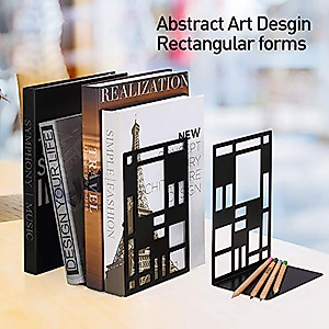 Book Ends, Bookends, Book Ends for Shelves, Bookends for Heavy Books, Book Divider Decorative Holder, Metal Heavy Duty Bookend Black 1 Pair, Abstract Art Desgin Book Stopper Supports for Office, Home