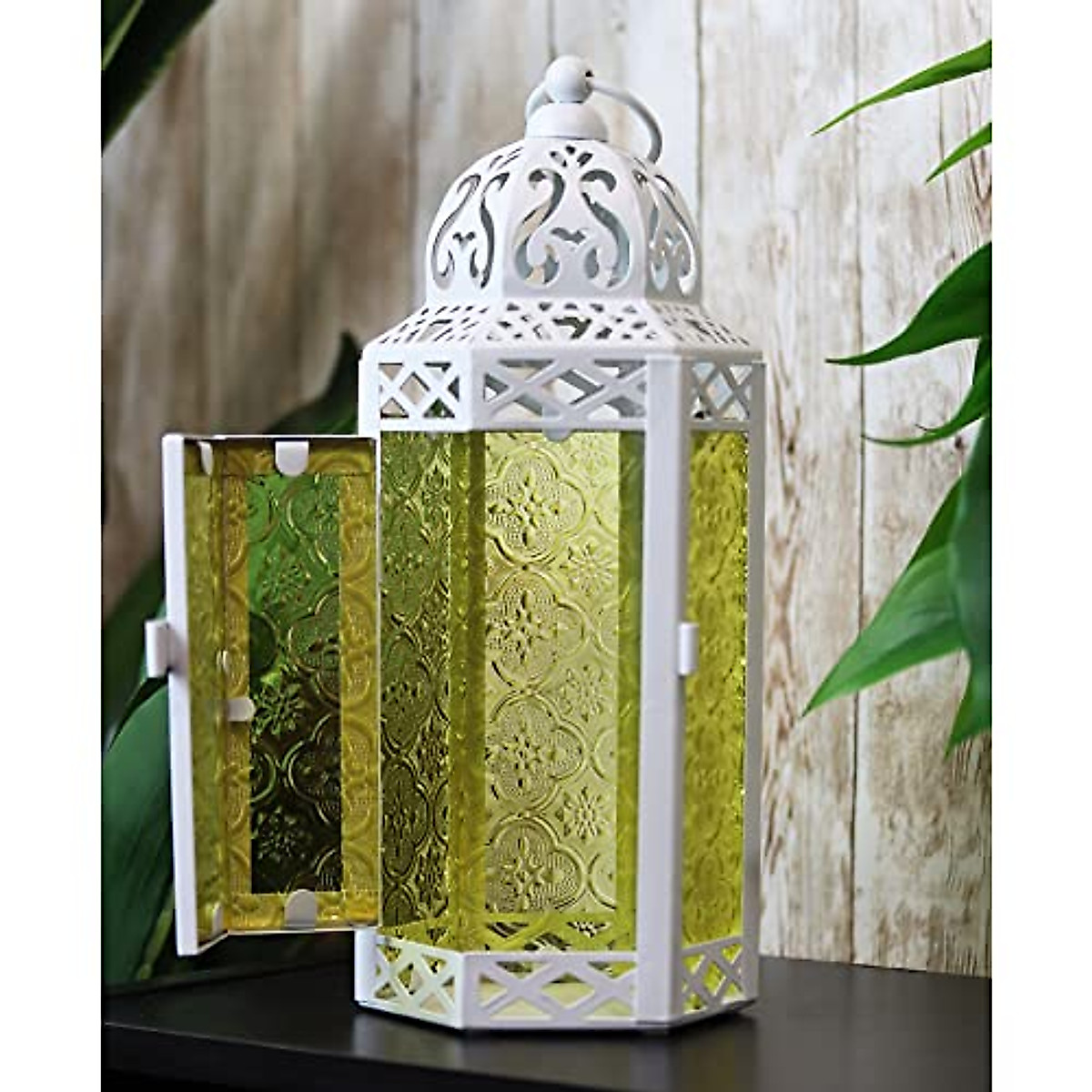 Vela Lanterns White Moroccan Lamp Lantern Decorative Candle Holder for Indoor Outdoor Weddings, Home Decor, Patio, Weddings, Yellow Glass, Medium