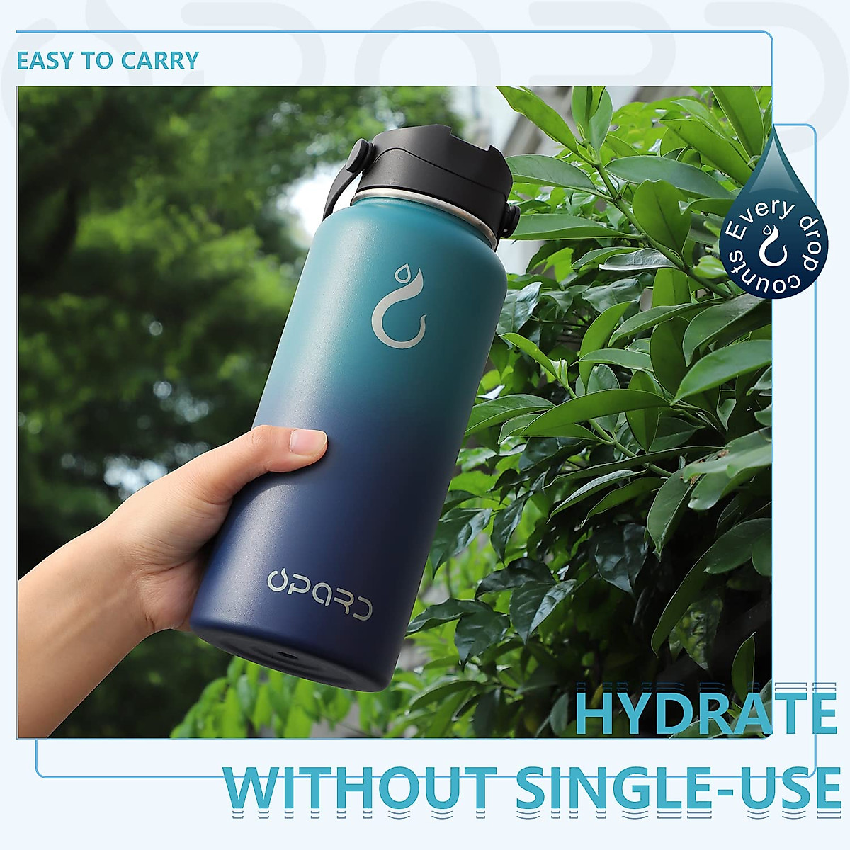 Opard Sports Water Bottle - 32 Oz, 3 Lids (Straw Lid, Flip Lid, Spout Lid), Leak Proof, Vacuum Insulated Stainless Steel, Double Walled, Reusable Metal Canteen