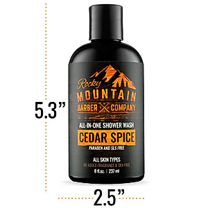 Rocky Mountain Barber Company Cedar Spice All-In-One Body Wash – Shampoo, Body Wash, Conditioner, Face Wash & Beard Wash with Essential Oils - 8 oz