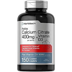 Horbäach Calcium Citrate with Vitamin D3 | 150 Petites | Vegetarian Supplement | Non-GMO, Gluten Free