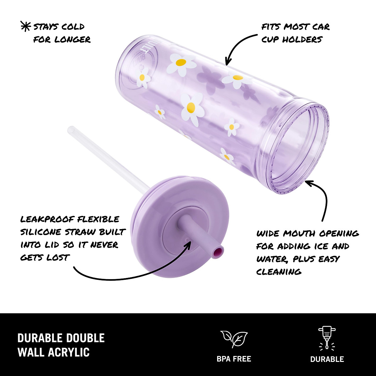 BUILT 20 Fluid Ounce Acrylic Straw Seal Bedford Tumbler, Leakproof, Wild Lavender Daisy
