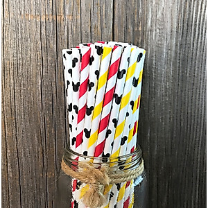 Mickey Mouse Inspired and Stripe Paper Straws - Red Black Yellow White - 100 Pack - Outside the Box Papers Brand