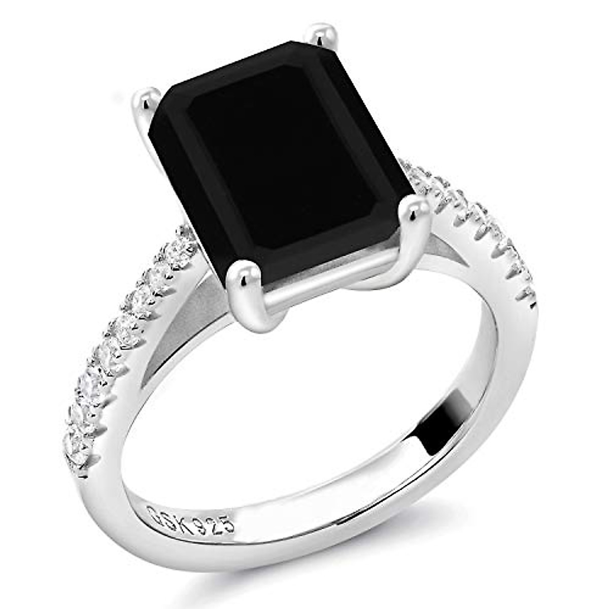 Gem Stone King 925 Sterling Silver Black Onyx and White Created Sapphire Women's Wedding Engagement Ring (3.39 Cttw, Gemstone Birthstone, 10X8MM Emerald Cut, Available In Size 5, 6, 7, 8, 9)