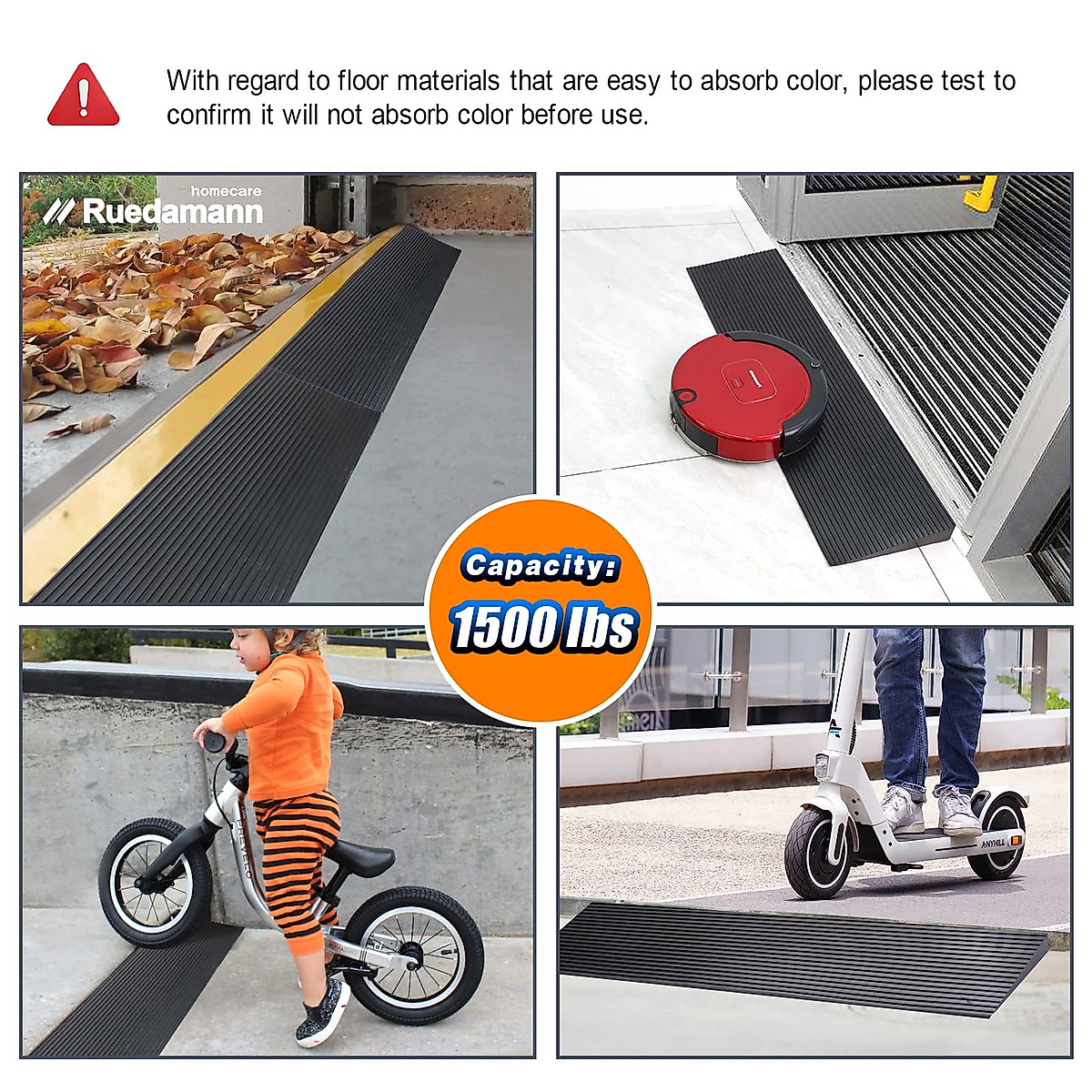 Ruedamann 1.2" Rise Threshold Ramp,1500 LBS Capacity, 35.4" Wide Natural Rubber Power Wheelchair Ramp Scooter, Non-Slip Solid Rubber Threshold Ramp for Doorways,Driveways,Bathroom,Cuttable