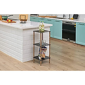 ikloo 3-Tier Metal & Glass Black Shelf, Shelving Display Rack, Open Glass Shelves; Multifunctional Freestanding Storage for Living Room, Bathroom, Home Office, Hallway, Bedroom Organization Rack.