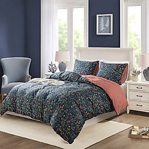 NEWLAKE Cotton Duvet Cover Queen Size - Soft Breathable Duvet Cover Set 3 Pieces with Zipper Closure, 1 Duvet Cover 90x90 Inches and 2 Pillow Shams, Navy Classic Floral Pattern