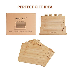 Fiery Chef Bamboo Cutting Board Set of 4 - Wood Cutting Board Set with Holder, Chopping Boards Set with Food Icons, Juice Groove - Ideal for Meat, Fish, Bread, Vegetable, Fruit Chopping