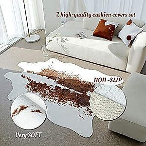 Soft Faux Cowhide Rug Large (4.6ft x 6.6ft) - with 2 Cushion Covers Set - Non-Slip - Cow Print Decor, Cruelty - Free Animal Hide Carpet - Farmhouse, Western Floor Rugs for Living Room, Bedroom, Office