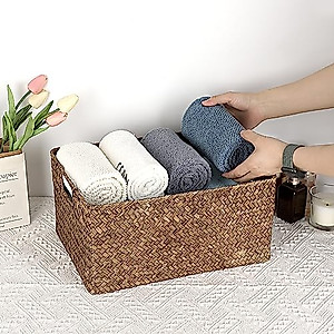 Hipiwe Seagrass Storage Opened Baskets Bin for Shelf Organizing Handwoven Wicker Baskets Rectangular Decorative Basket Closet Bedroom Organizer Bin Box Multipurpose Storage Basket with Handle