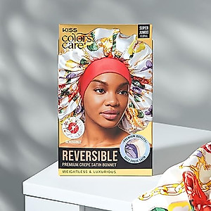 KISS COLORS & CARE Reversible Hair Bonnet Super Jumbo - Floral Design, Luxurious Satin & Breathable Material for Hair Protection from Dryness, Friction & Split Ends Overnight - for All Hair Types