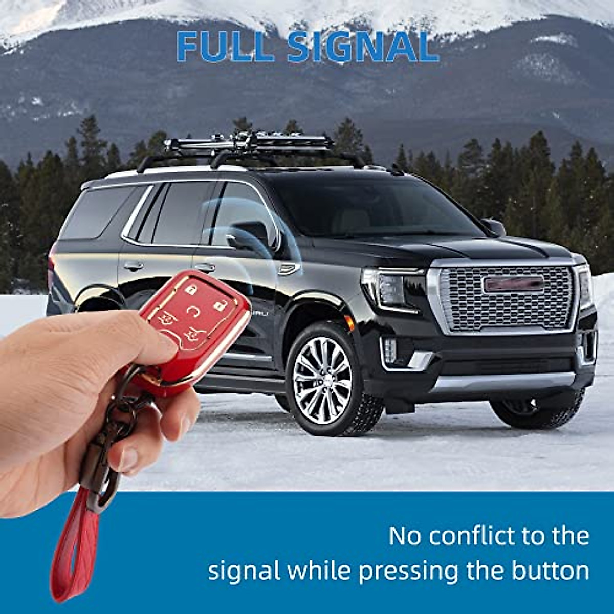 Jimtyee for GMC Key Fob Cover with Leather Lanyard Keychain Key Fob Case Shell Protection for Chevy Silverado Tahoe Suburban GMC Sierra Yukon Smart Remote Key Protector(Red)