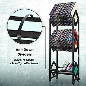 WIMART Record Holder, 2 Tiers Vinyl Record Storage Rack Shelf Holder, Album Display Stand for Home, Office with Sand Black Powder Coated High End Design with Casters Easy to Move, 160-200 LP Storage