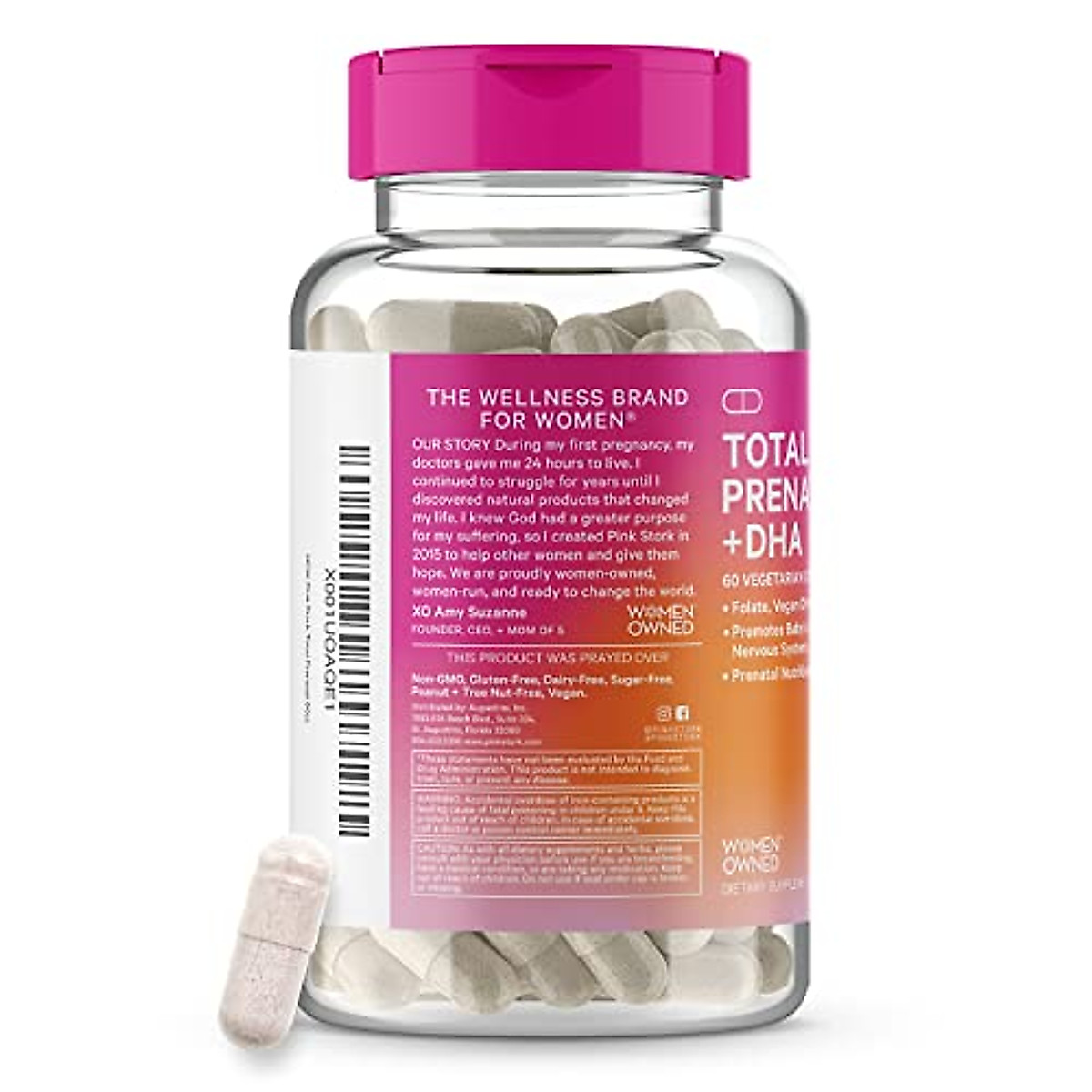 Pink Stork Total Prenatal Vitamin with DHA & Folate: Doctor-Formulated Prenatal Vitamins, Multivitamin with Iron, Vitamin B6 & B12, Vitamin D, Pregnancy Must Haves, Women-Owned, 60 Vegetarian Caps
