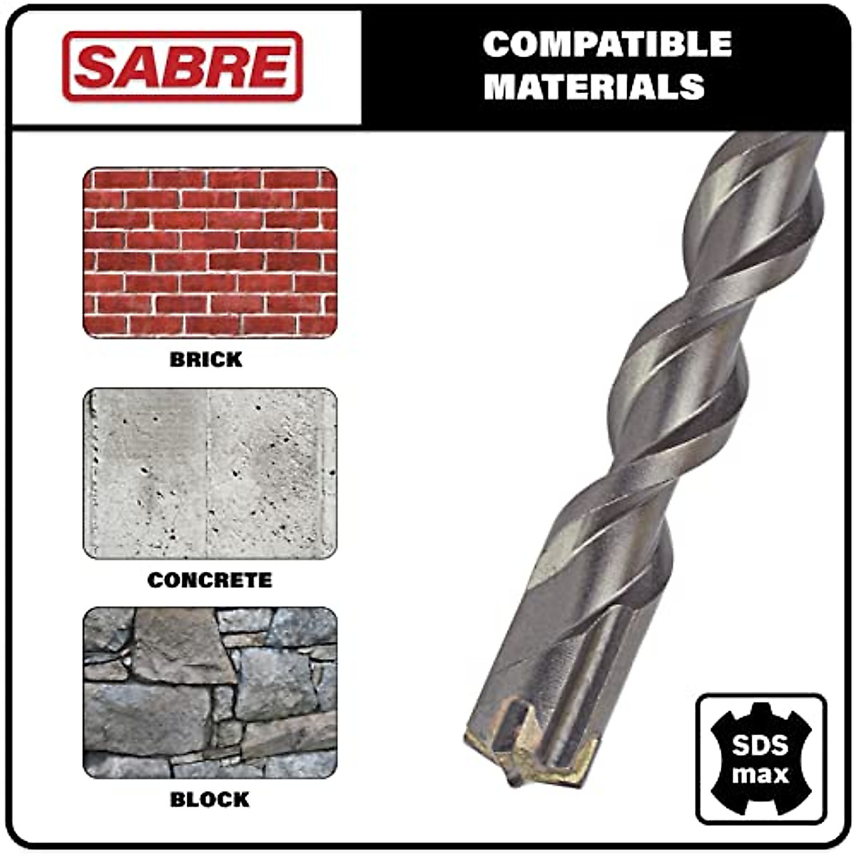 Sabre Tools - 1-1/2 Inch x 15 Inch SDS MAX Rotary Hammer Drill Bit, U-Flute, Carbide Tipped for Brick, Stone, Concrete SDS MAX Drivers ONLY (1-1/2inches x 9.5inches x 15