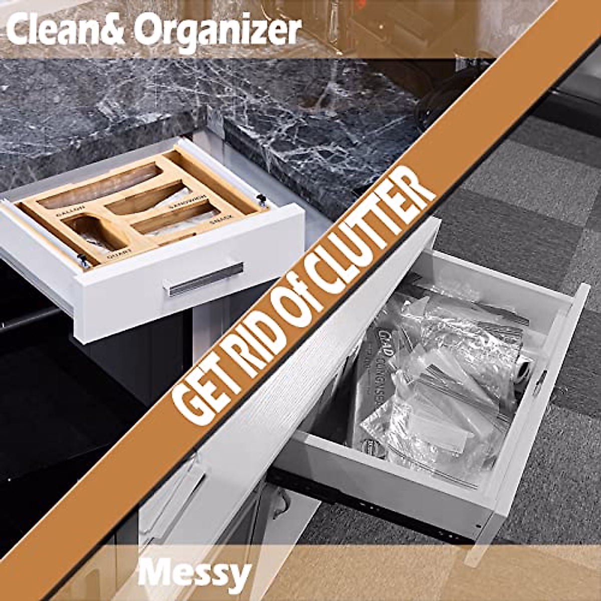 Bamboo 6 In 1 Foil and Plastic Wrap Organizer, Ziplock Bag Organizer/Holder Wrap Dispenser With Slide Cutter, for kitchen Drawer or House Wall Use, for Gallon,Quart,Sandwich Bag etc.