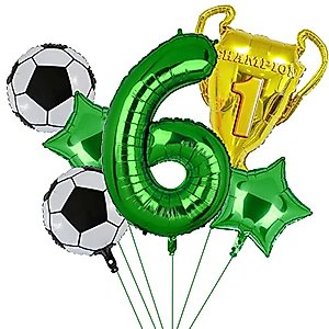 Soccer Balloons 6th Birthday Decoration for Boys, Soccer Balloons Foil Mylar Green Soccer Sports Theme Party Supplies Decor 6Pcs (6th)