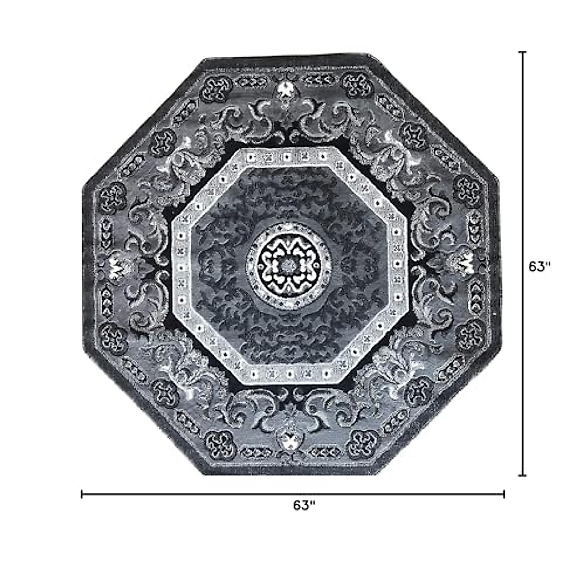 Carpet King Traditional Oriental Octagon Area Rug Grey Black Silver Gray Design 101 (5 Feet 3 Inch X 5 Feet 3 Inch)