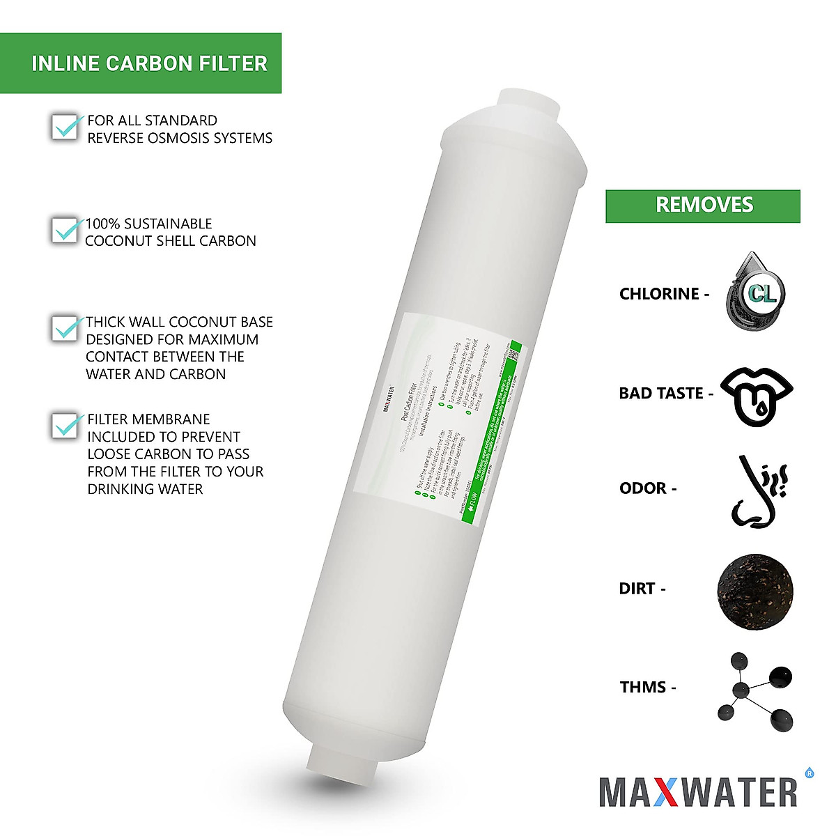 Post Activated Carbon Water Filter Replacement – 5 Micron Inline Filter – 10 inch Inline Carbon Filter– Under Sink and Reverse Fits most Reverse Osmosis Systems (4 pack)