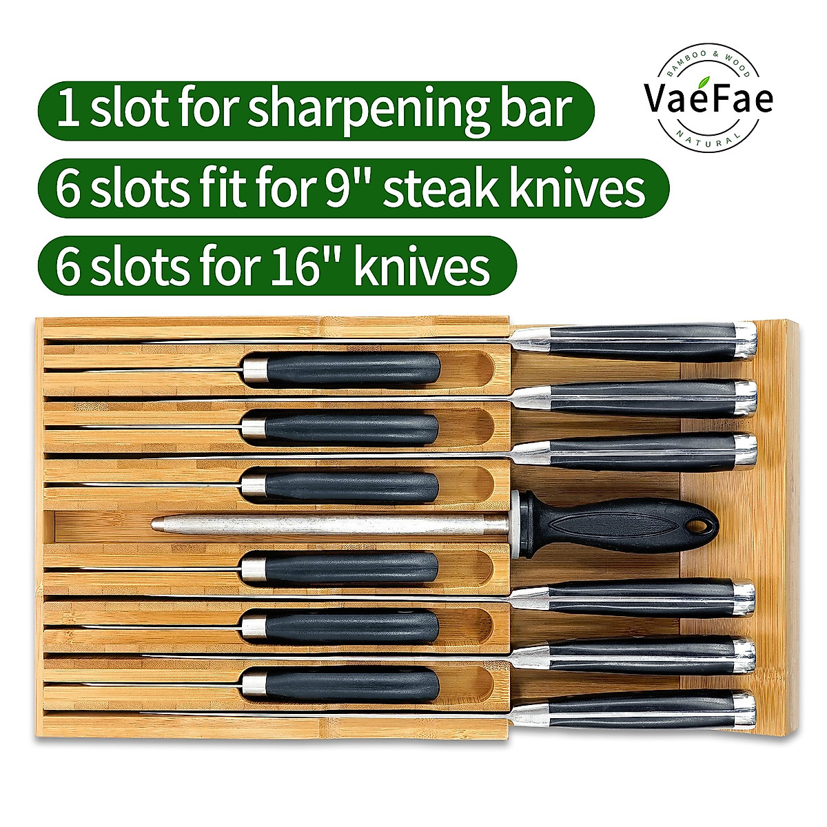 Bamboo Knife Drawer Organizer, Kitchen Knife Holder Drawer, Silverware Tray with Dividers