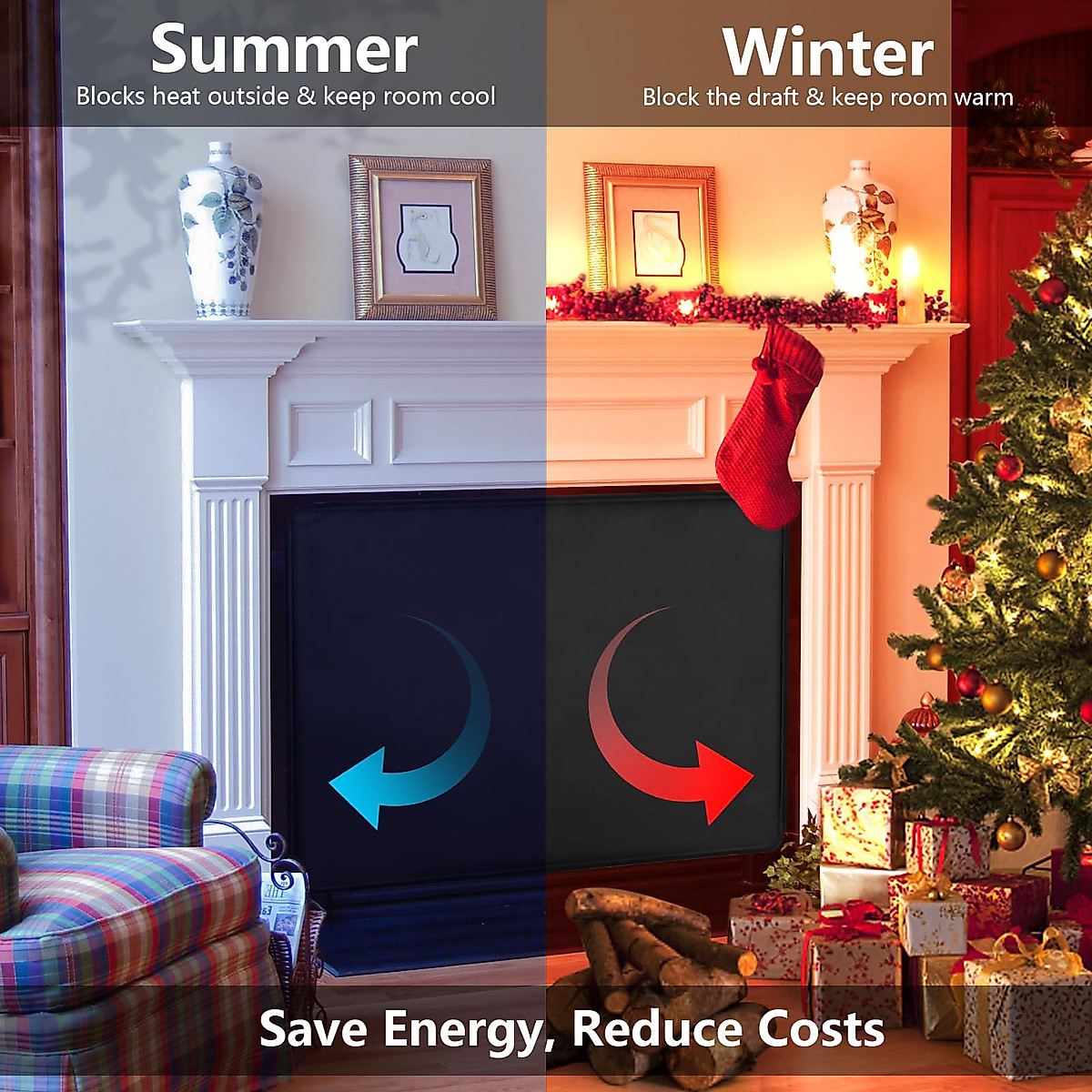 Magnetic Fireplace Cover for Inside Fireplace Stops Heat Loss, Fireplace Blanket Draft Stopper for Winter & Summer, Hot & Cold Air Blocker, Black, 38”W X 31”H Insulated Fireplace Draft Cover