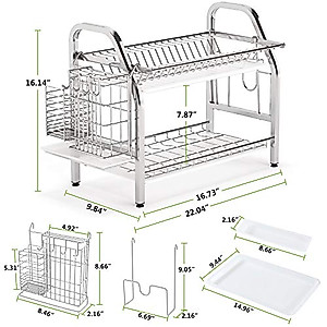 1Easylife Dish Drying Rack, 2 Tier Dish Rack Stainless Steel with Utensil Knife Holder and Cutting Board Holder Dish Drainer with Removable Drain Board for Kitchen Counter Organizer Storage (Silver)