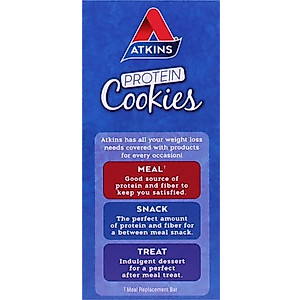 Atkins Chocolate Chip Protein Cookie, Protein Dessert, Rich in Fiber, 3g Net Carb, 1g Sugar, Keto Friendly, 4 Count