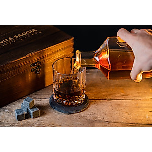 Luxury Whiskey Glass Set of 2, Gift Set in Wooden Box, Includes 8 Whiskey Ice Stones, Velvet Bag and Stainless Steel Tongs. Great Gift for Men, Dad, Christmas. (14)