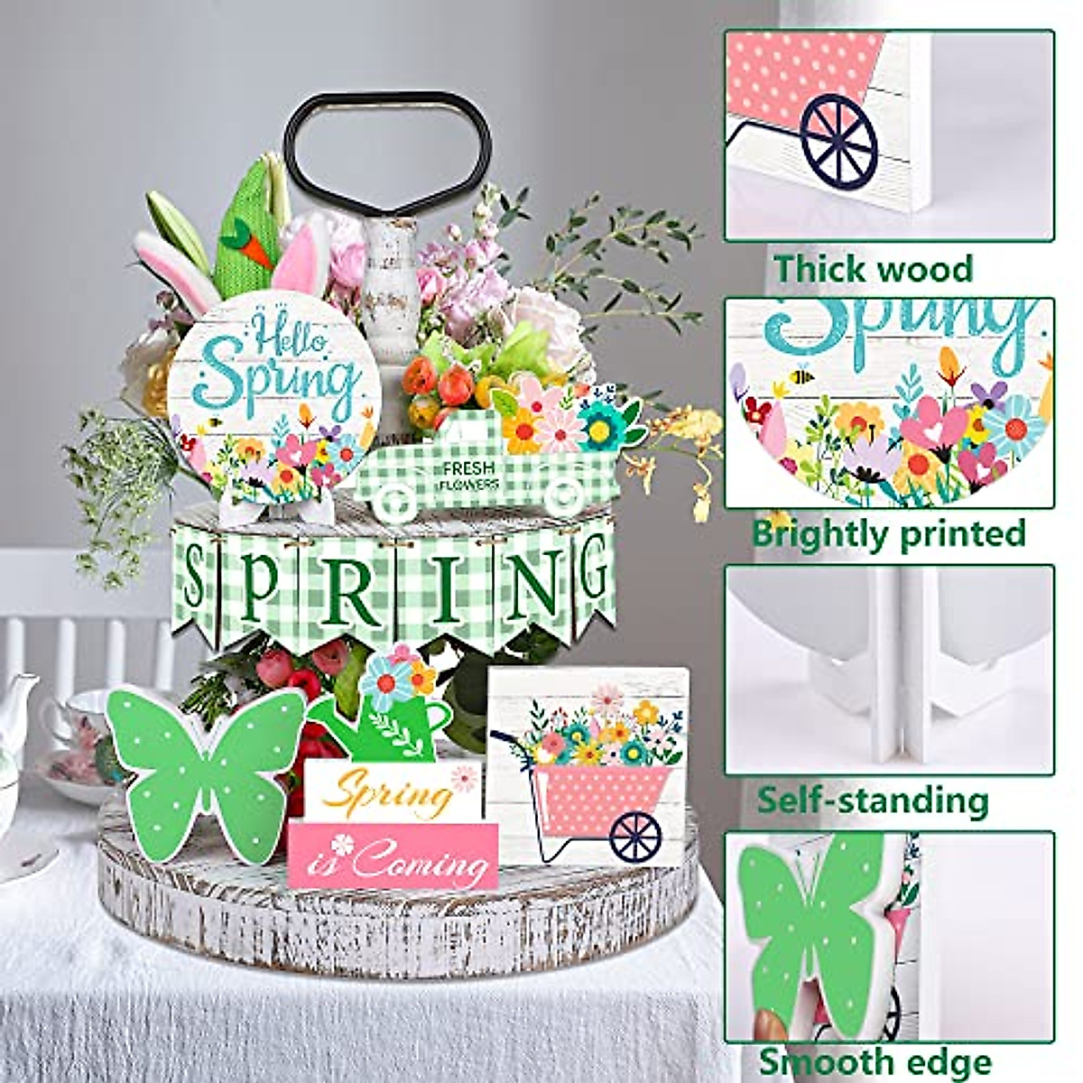 12 PCS Spring Tiered Tray Decor Set Flowers Mini Wood Signs Hello Spring Wooden Table Signs Flowers Butterfly Truck Wood Decors with Holder for Spring Party Supplies Home Table Centerpieces