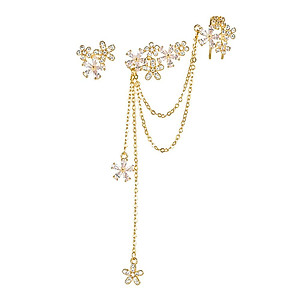 Blossom CZ Flower Ear Cuff Wrap Clip On Clawler Climber Hoop 925 Sterling Silver Stud Chain Threader Tassel Asymmetric Earrings for Women Girls Sensitive Ear Elegant Gifts for Wedding Bff (gold)