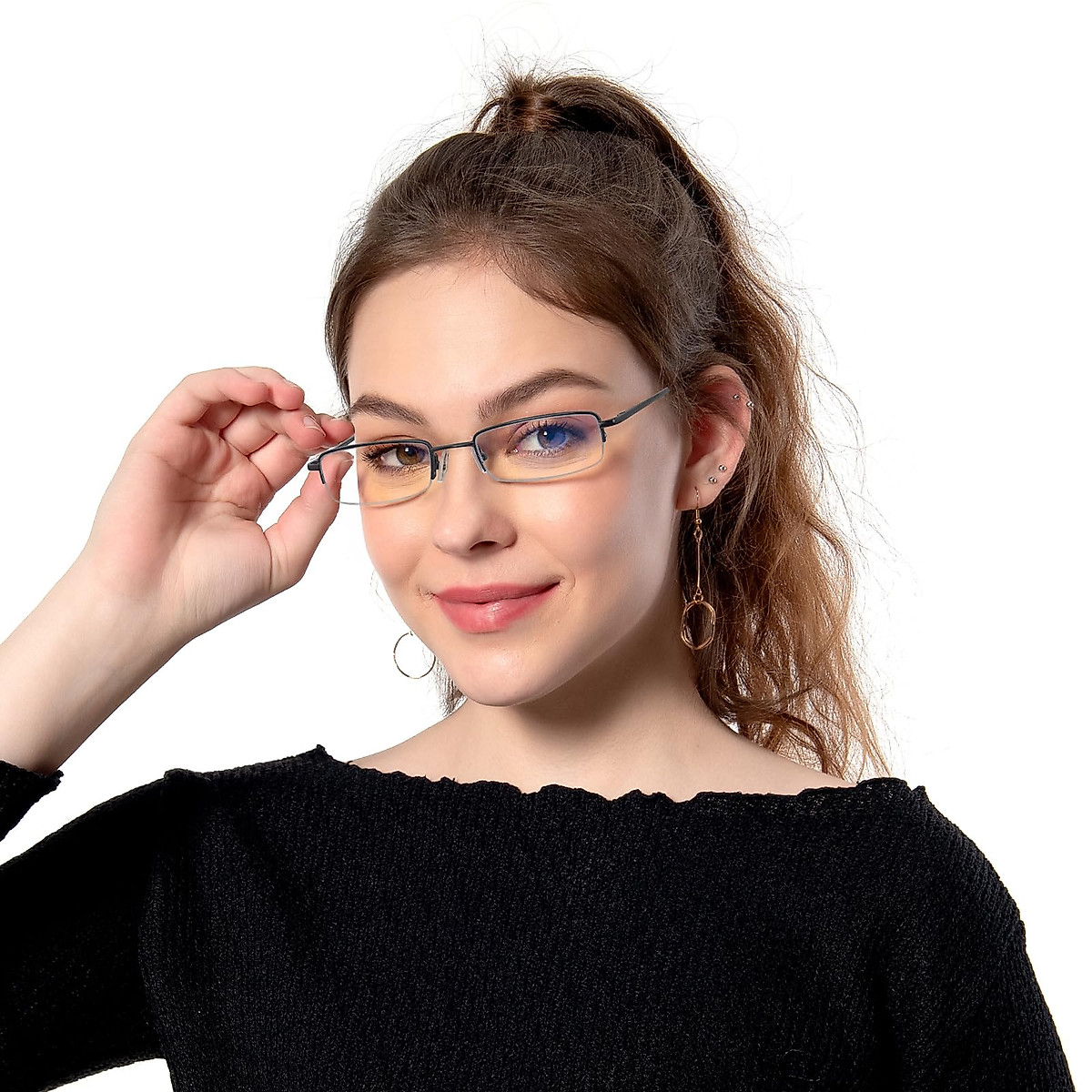 HIGHLIKE 2-Pack Blue Light Blocking Reading Glasses with Hard Cases, Semi Frame Spring Hinge Readers Glasses,Black Gunmetal 1.5 x