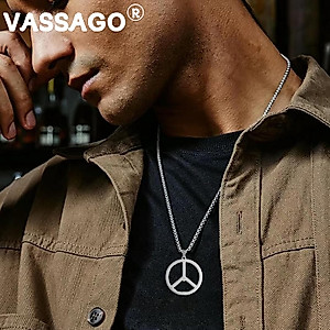 VASSAGO Hippie Style Peace Sign Necklace Peace Sign Pendant Necklace Peace Symbol Jewelry Stainless Steel 1960s 1970s Hippie Party Dressing Accessories Necklaces for Men Women (Stainless Steel Color)