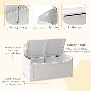 Curipeer Kids Toy Box Chest, White Rubber Wood Toy Box for Boys Girls, Large Storage Cabinet with Cushion Seat Bench/Flip-Top Lid/Safety Hinge, Toy Storage Organizer Trunk for Nursery, Playroom