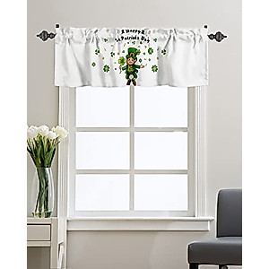 Kakmok Window Valance for Kitchen Cafe,St. Patrick's Day Leprechaun Shamrock Gold White Rod Pocket Drape Privacy Curtain,Lucky Leaf Short Curtains for Bathroom/Living Room/Bedroom Windows Decor