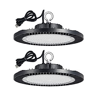 2 Pack 200W LED High Bay Lights, UFO LED High Bay Light, 28,000 LM(Eqv.800W MH/HPS), 5000K Daylight, IP65, 5ft Cable with US Plug, Safe Rope for Garage/Warehouse/Workshop
