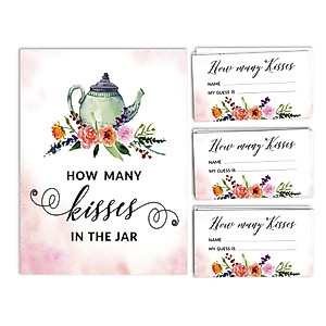 Inkdotpot How Many Kisses in The Jar White Tea Party Bridal Shower Game 1 Sign + 30 Cards